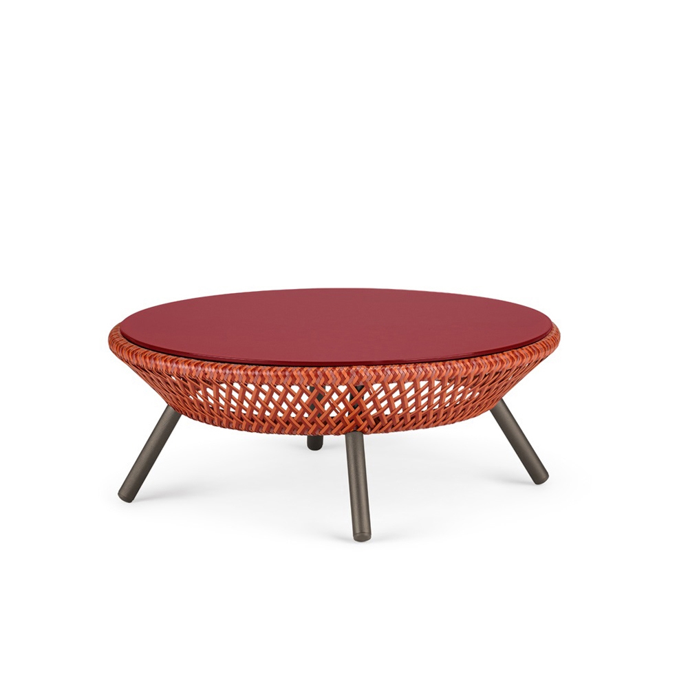 27.6" Brick Red Patio Coffee Table Rattan Round Table with Glass ...
