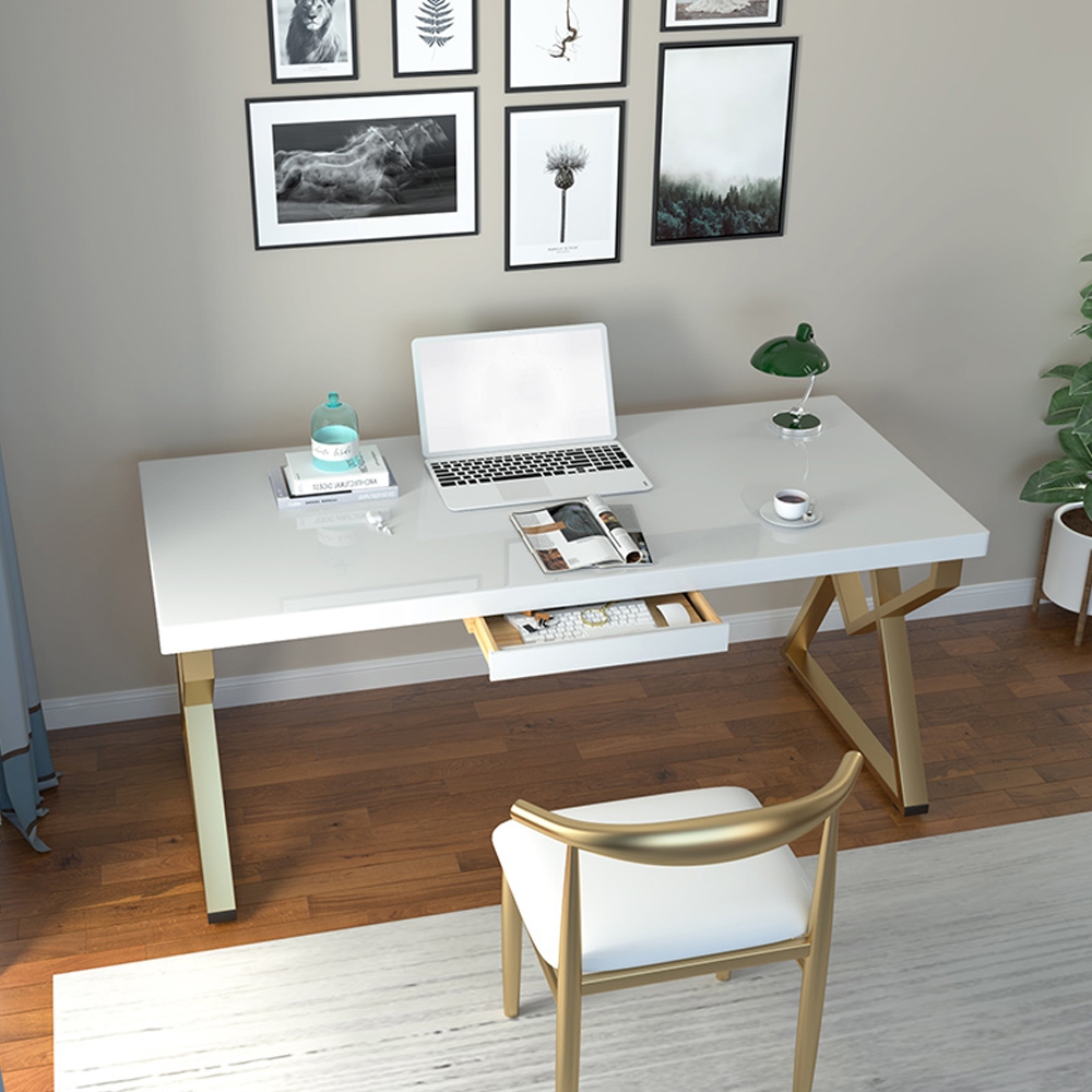 Modern White Writing Desk in Solid Wood & Metal Home Office Desk-Homary