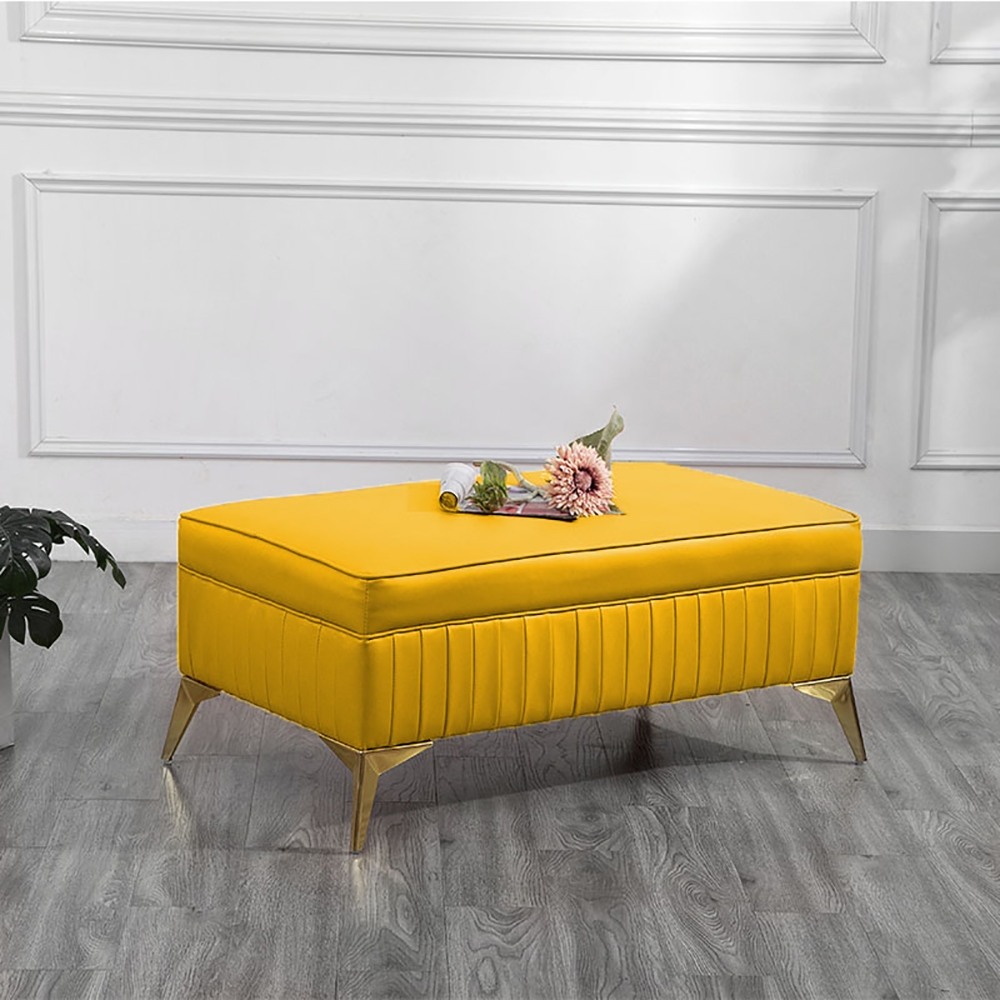 Yellow PU Leather Ottoman Upholstered Ottoman Stool in Stainless Steel ...
