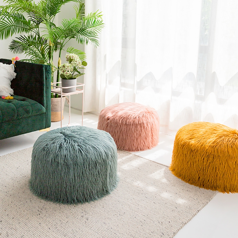 Puffy Round Faux Fur Upholstered Ottoman Stool-Homary