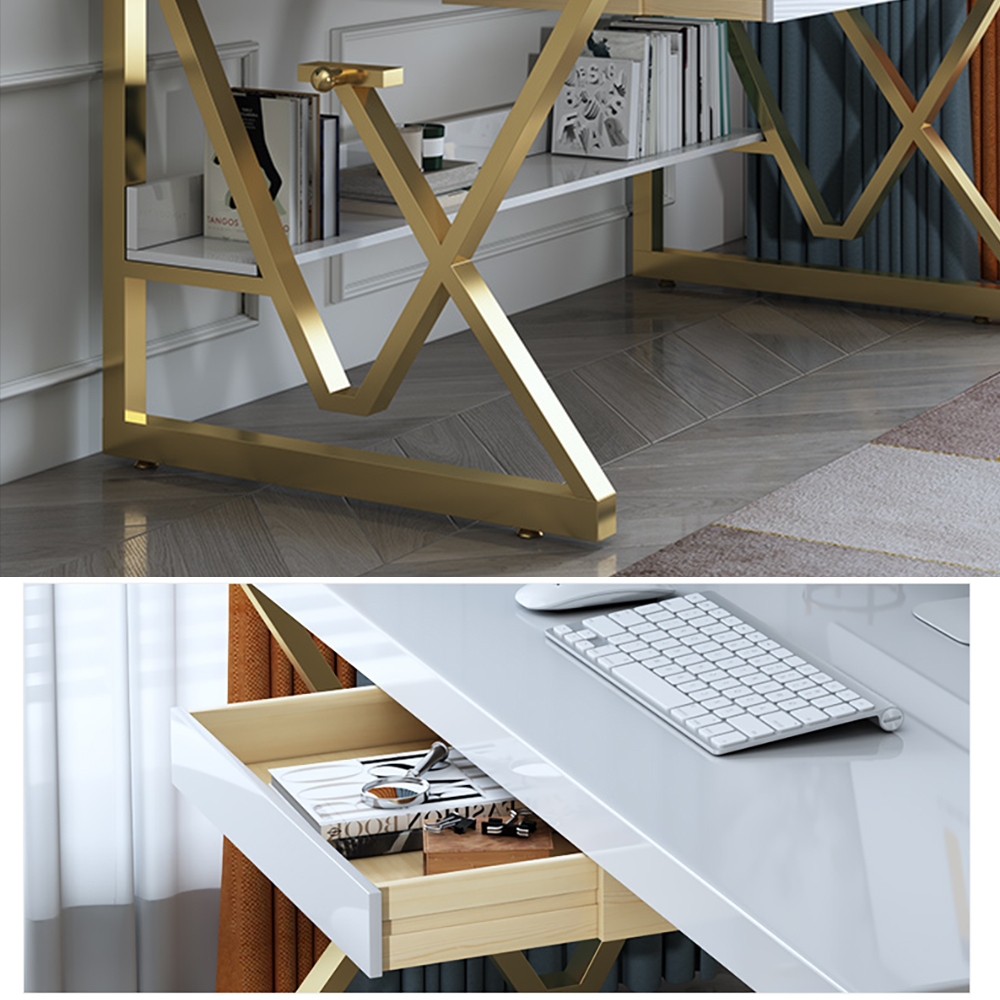 Modern White Writing Desk with Drawer & Shelf Wood Top & Metal Frame-Homary