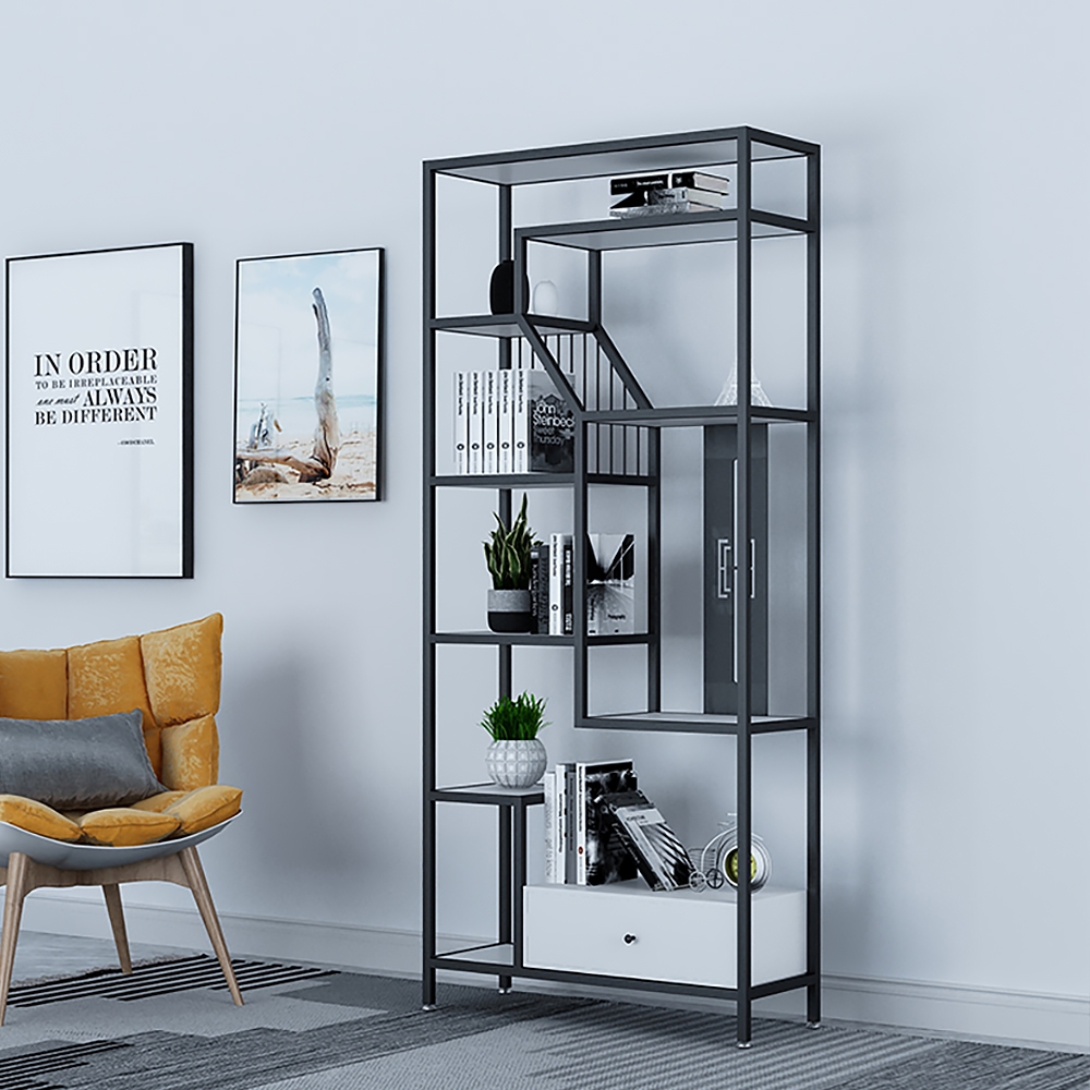 Black Metal Etagere Bookshelf With Drawer-Homary