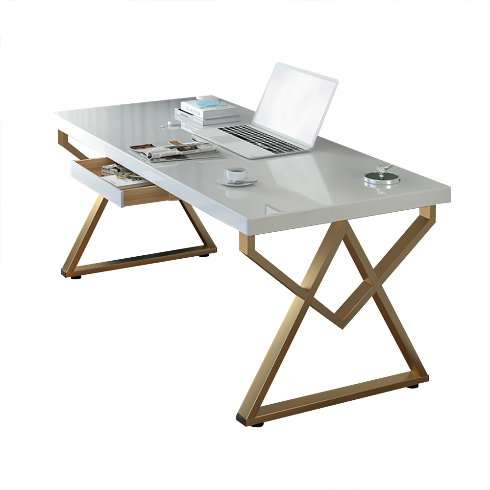 Modern White Writing Desk in Solid Wood & Metal Home Office Desk-Homary