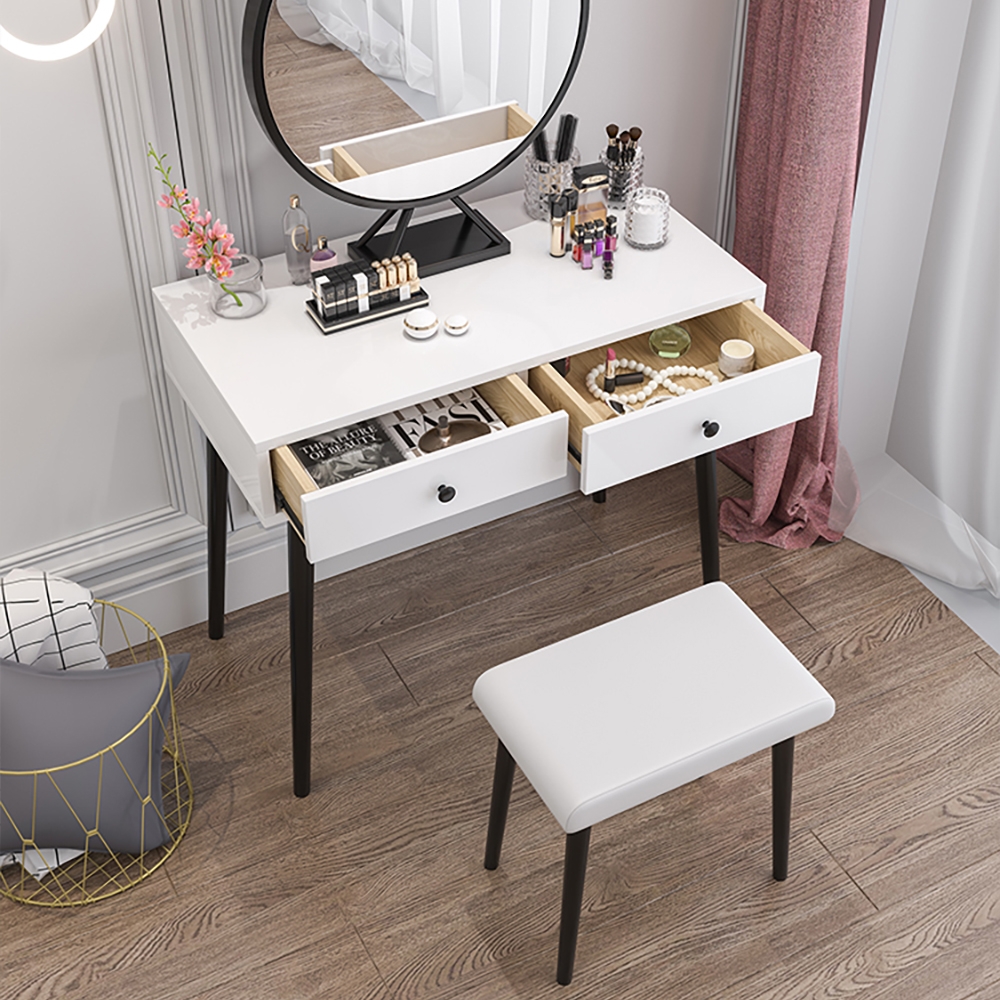 Nordic Black Makeup Vanity Set with 2 Drawers Stool & Mirror Included ...