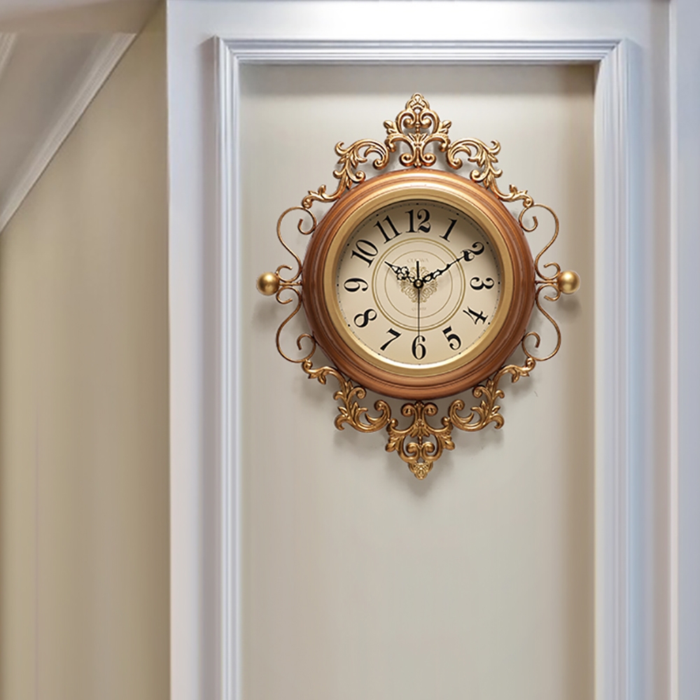 Large Classic Vintage Light Luxury Carved Metal Frame Wall Clock-Homary