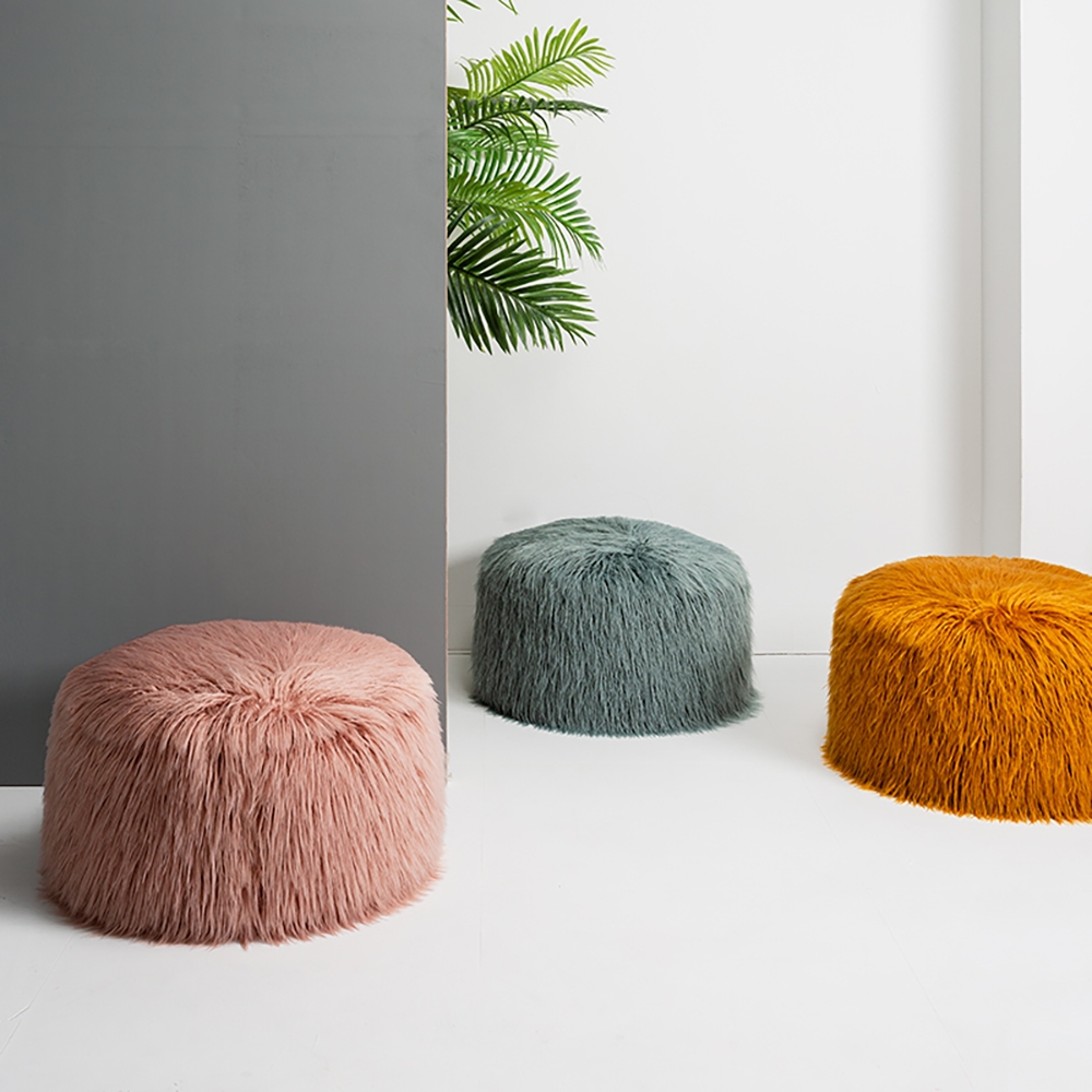 Puffy Round Faux Fur Upholstered Ottoman Stool-Homary