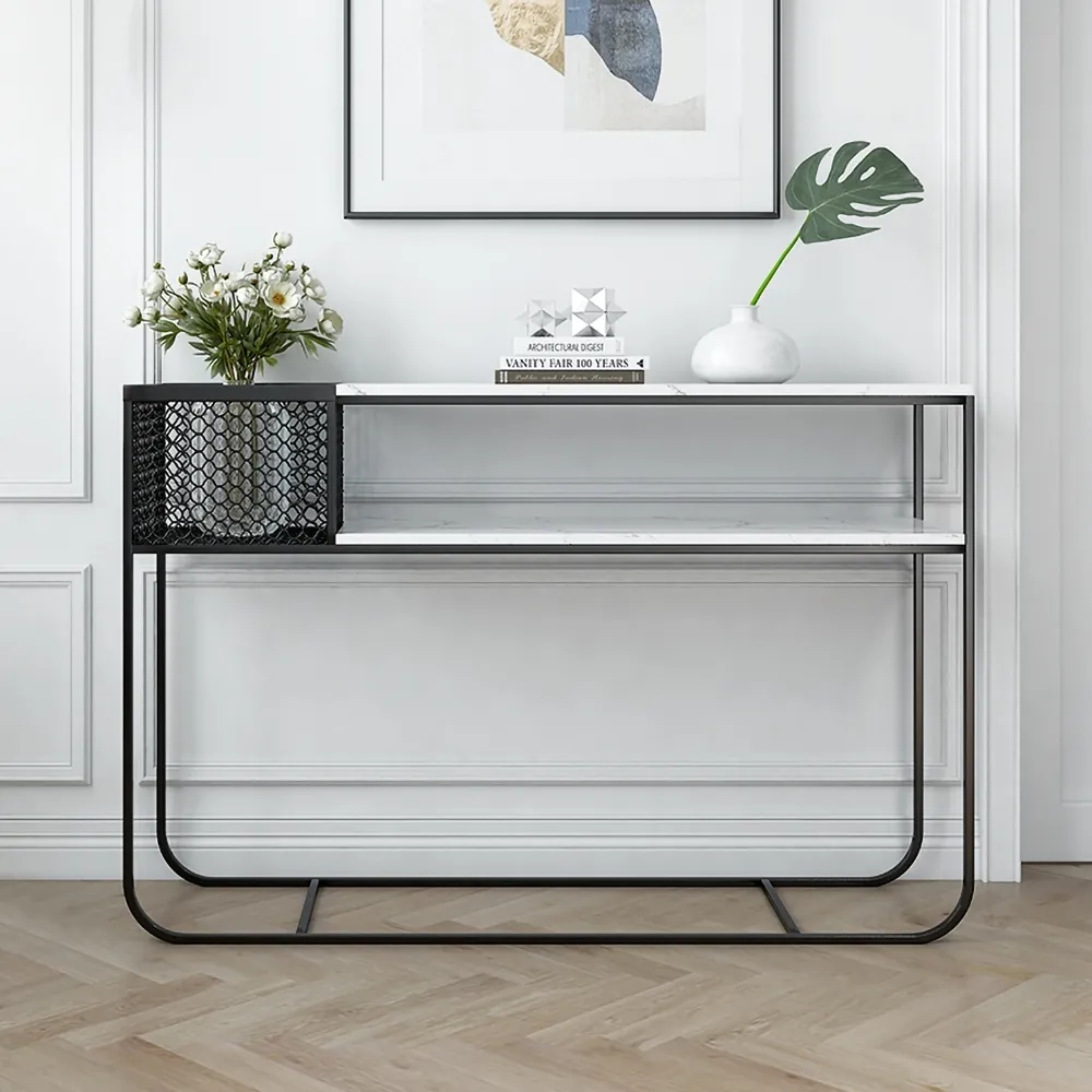 Modern Luxury Faux Marble Narrow Console Table Rectangle Black Finish ...