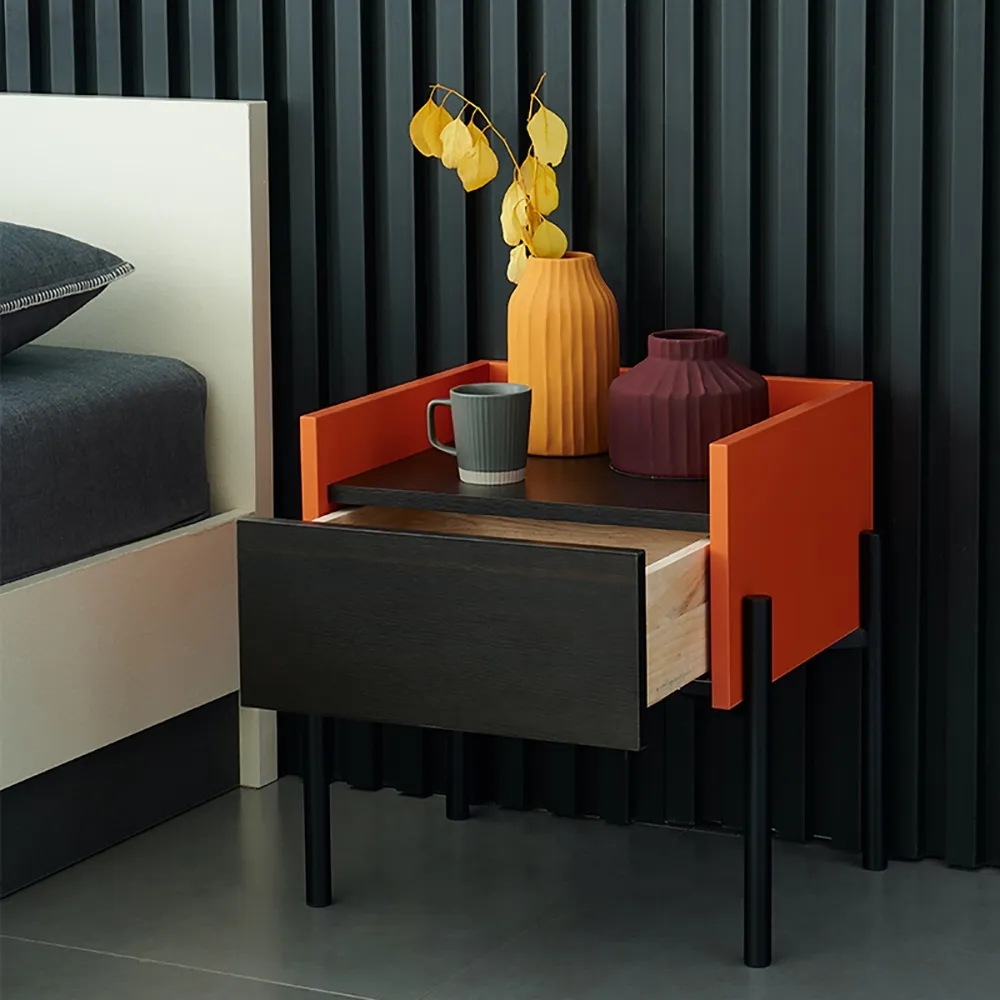 Nordic Orange Nightstand 1-Drawer Bedside Table High Surrounding Edge ...