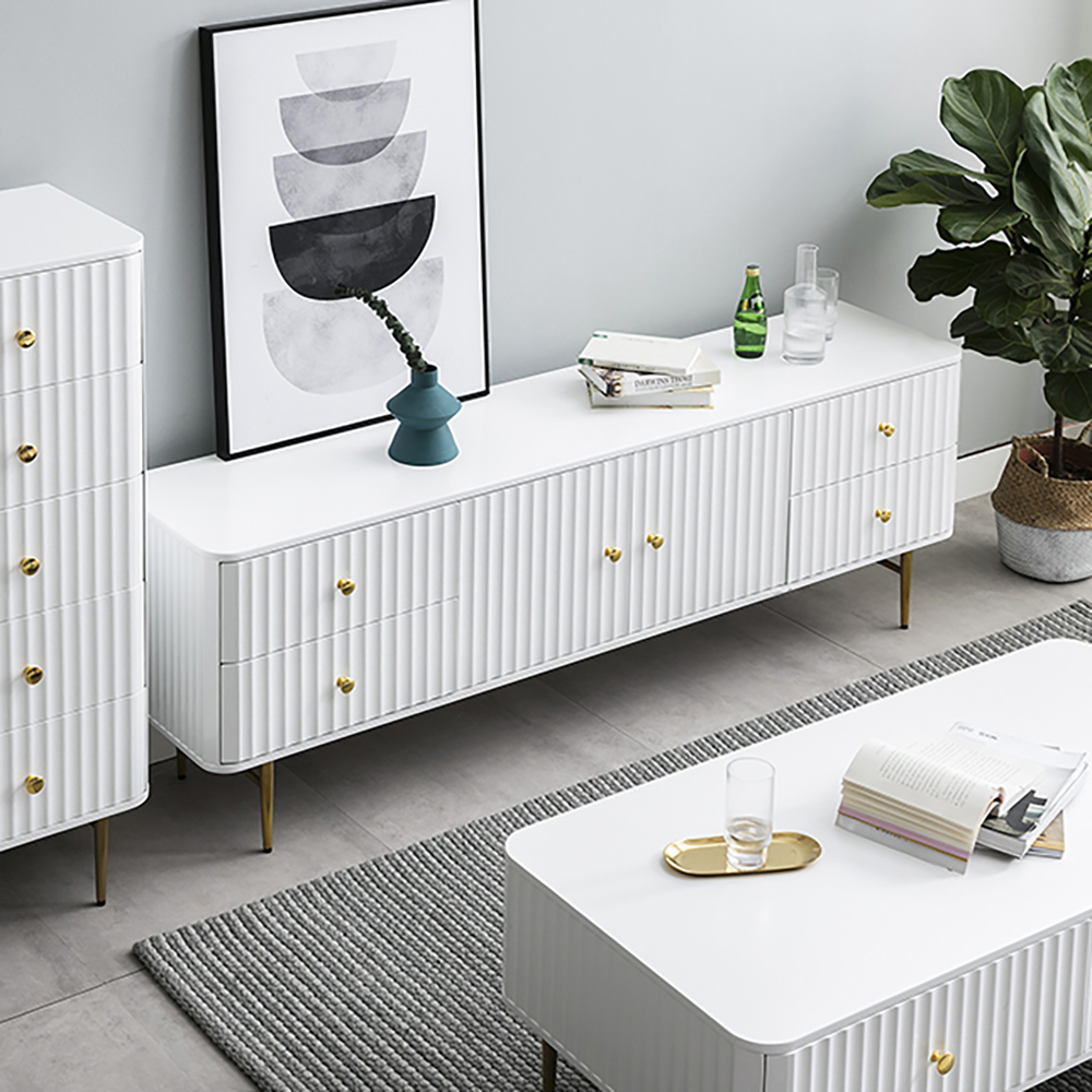 Contemporary White TV Stand Lacquered Wavy Surface Media Console Gold ...