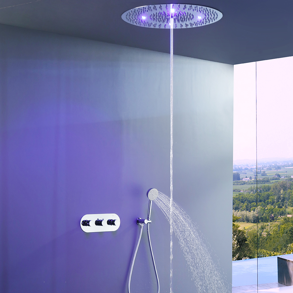 Chrome Round LED Shower Head 4 Function Shower Set with Thermostatic ...