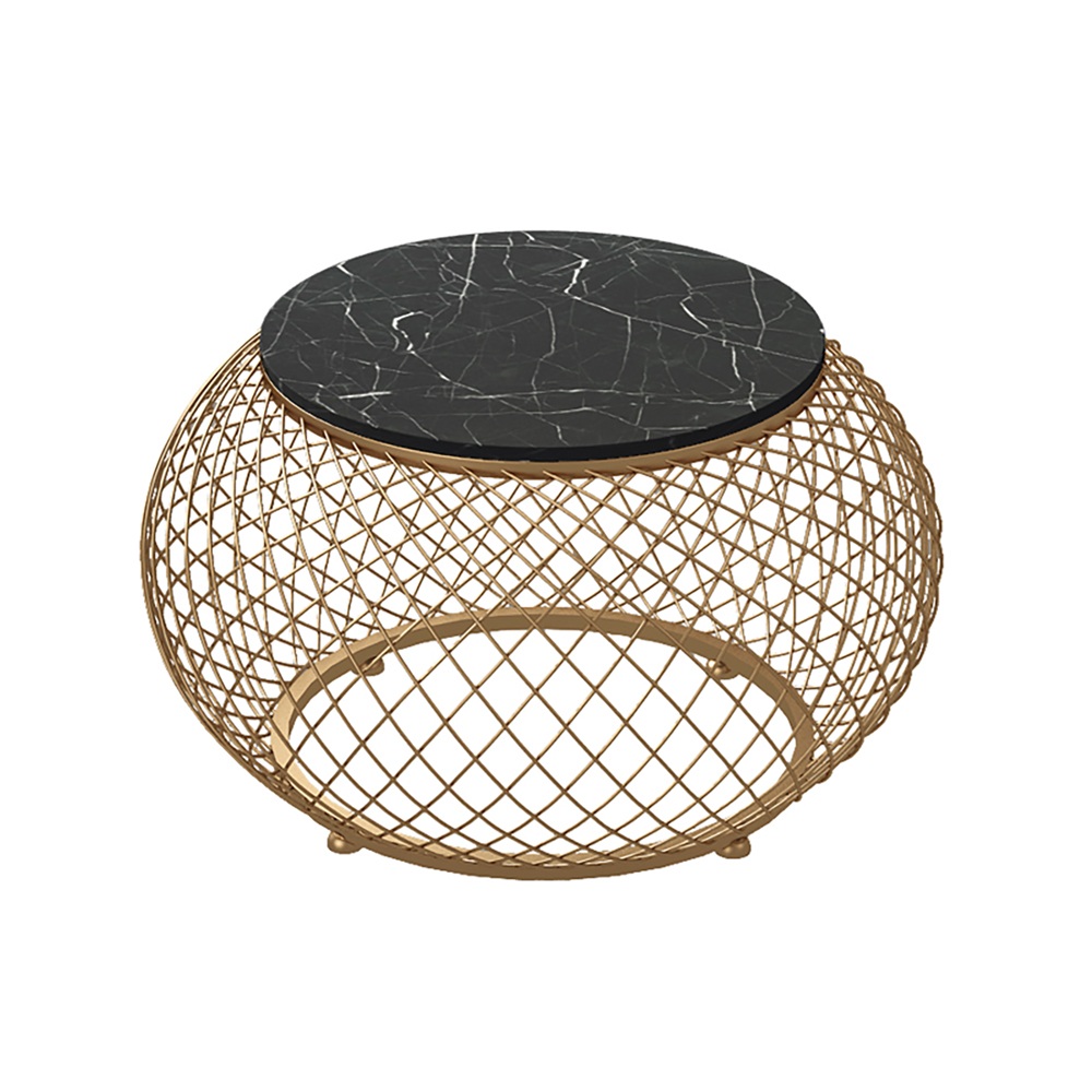 Modern Black Round Coffee Table with Marble Top & Metal Base-Homary