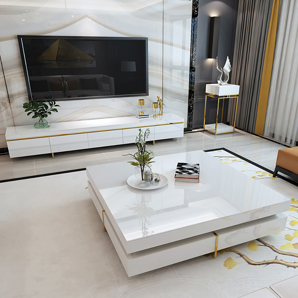 White Modern Square Coffee Table with Drawers Tempered Glass Top ...