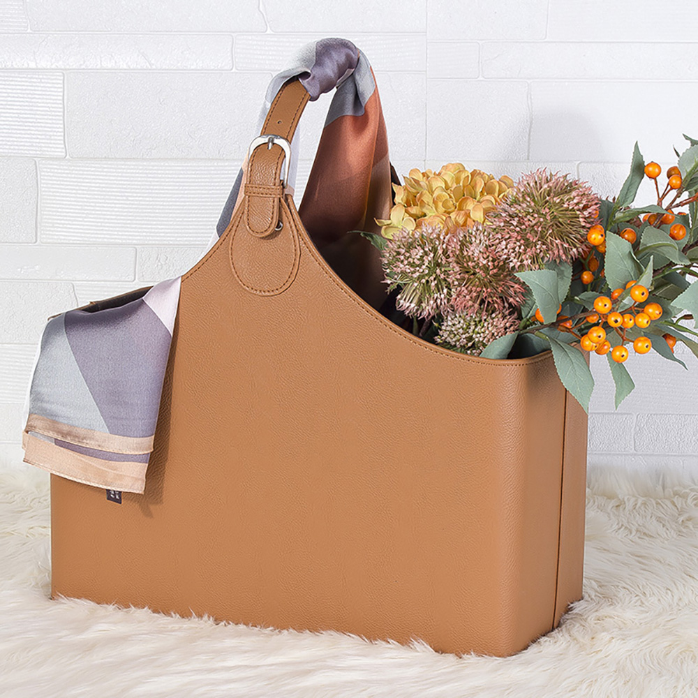 Modern Magazine Rack with Handle Finish in Leather-Homary