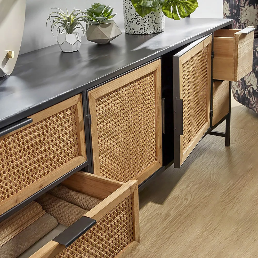 59.1" Rattan & Metal TV Stand Natural & Gray TV Console with 4 Drawers ...