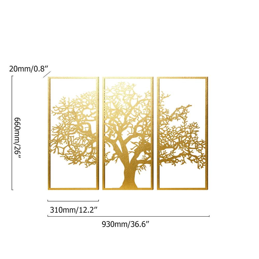 3 Pieces Modern 3D Metal Tree Wall Decor Creative Home Room Art Gold-Homary