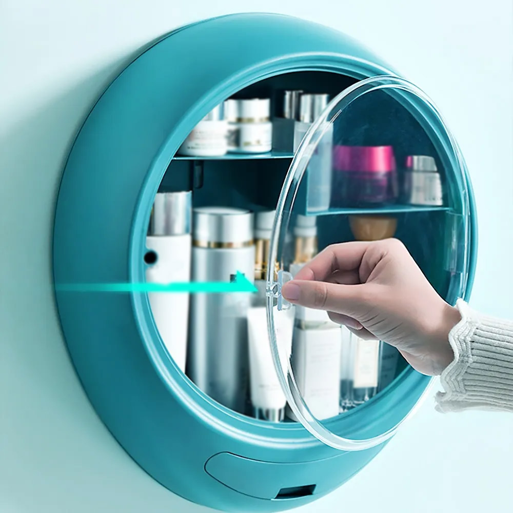 Blue Wall-Mounted Round Cosmetic Storage Box Cute Makeup Organizer with ...