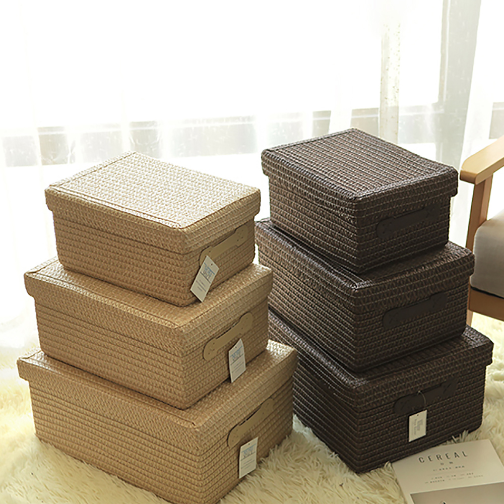 Natural Rustic Rattan Storage Box with Cover Set of 3