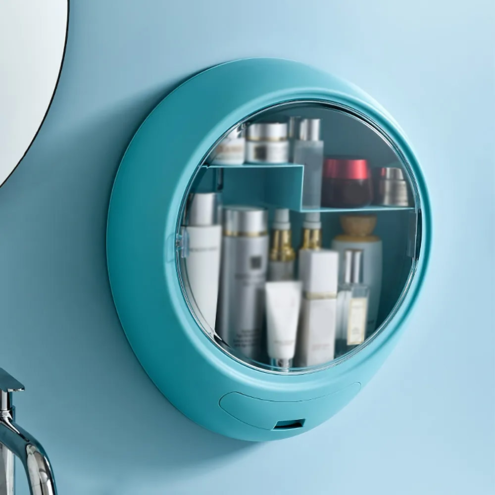 Blue Wall-Mounted Round Cosmetic Storage Box Cute Makeup Organizer with ...