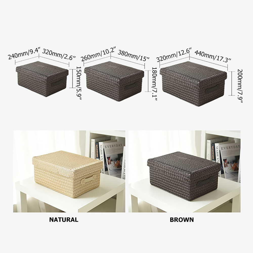 Natural Rustic Rattan Storage Box with Cover Set of 3