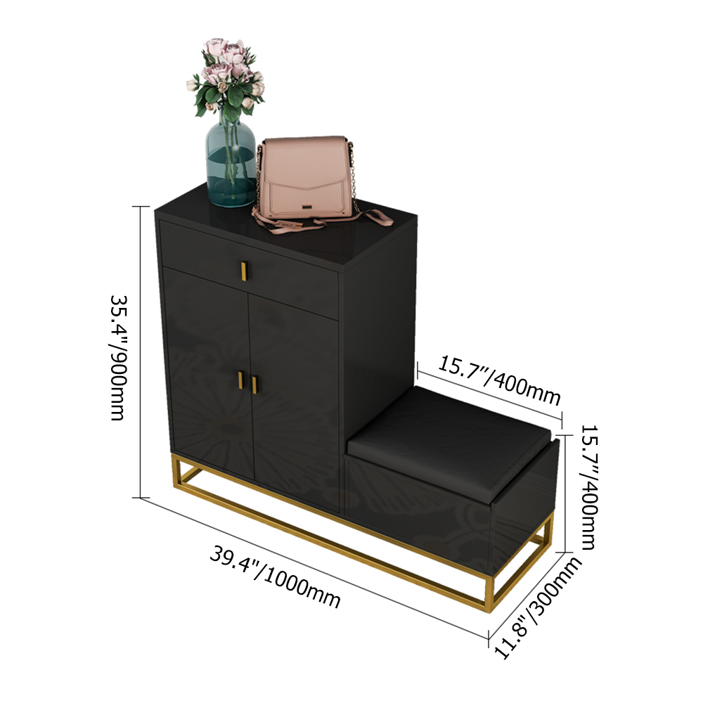 Modern Black Upholstered Shoe with Rack Flip Top Stool-Homary