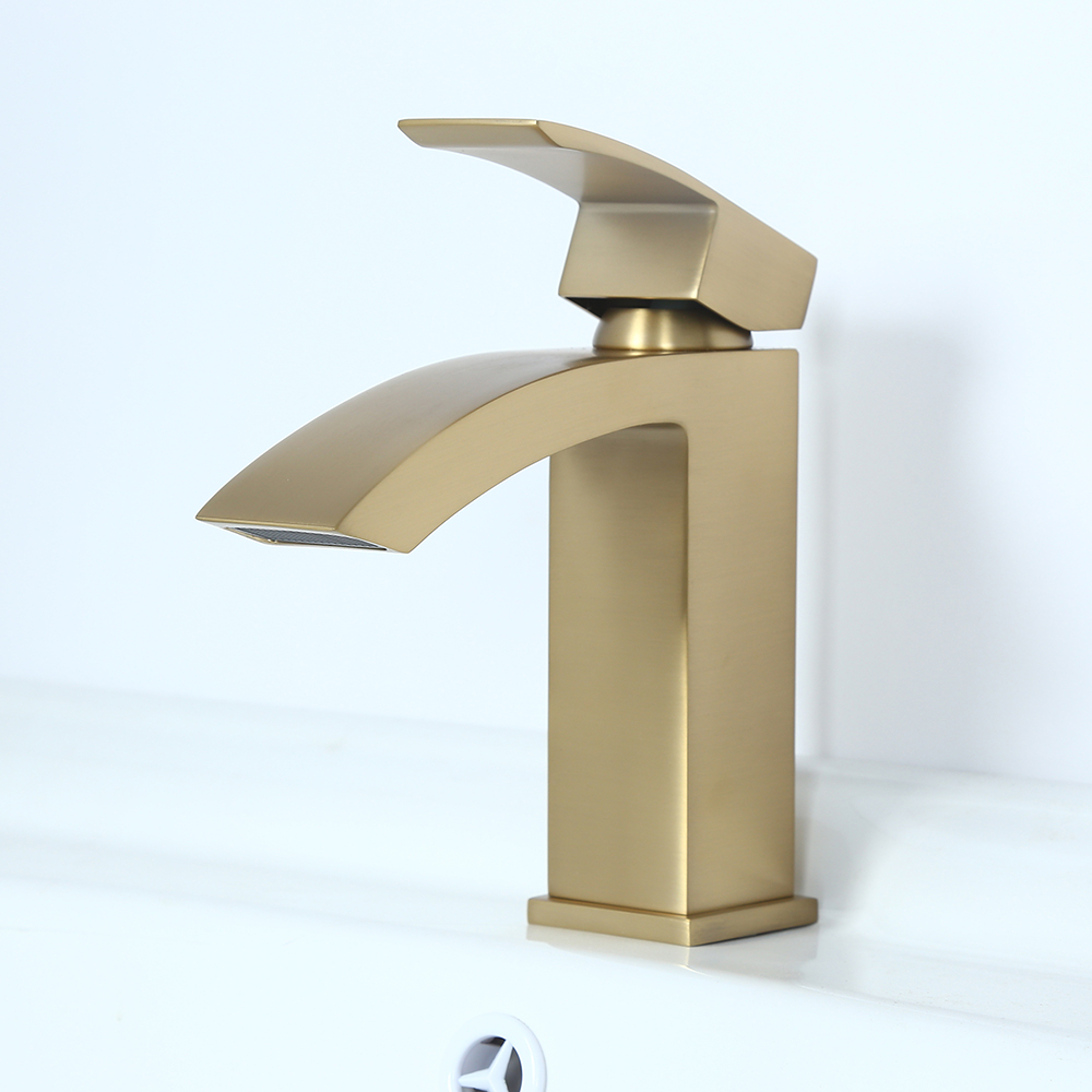 Contemporary Style Brushed Gold Single Hole Deck Mounted Bathroom Sink Faucet-Homary