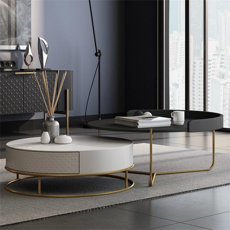 Table Basse Ronde Gigogne en Bois avec Tiroirs Rotatifs de Rangement ...