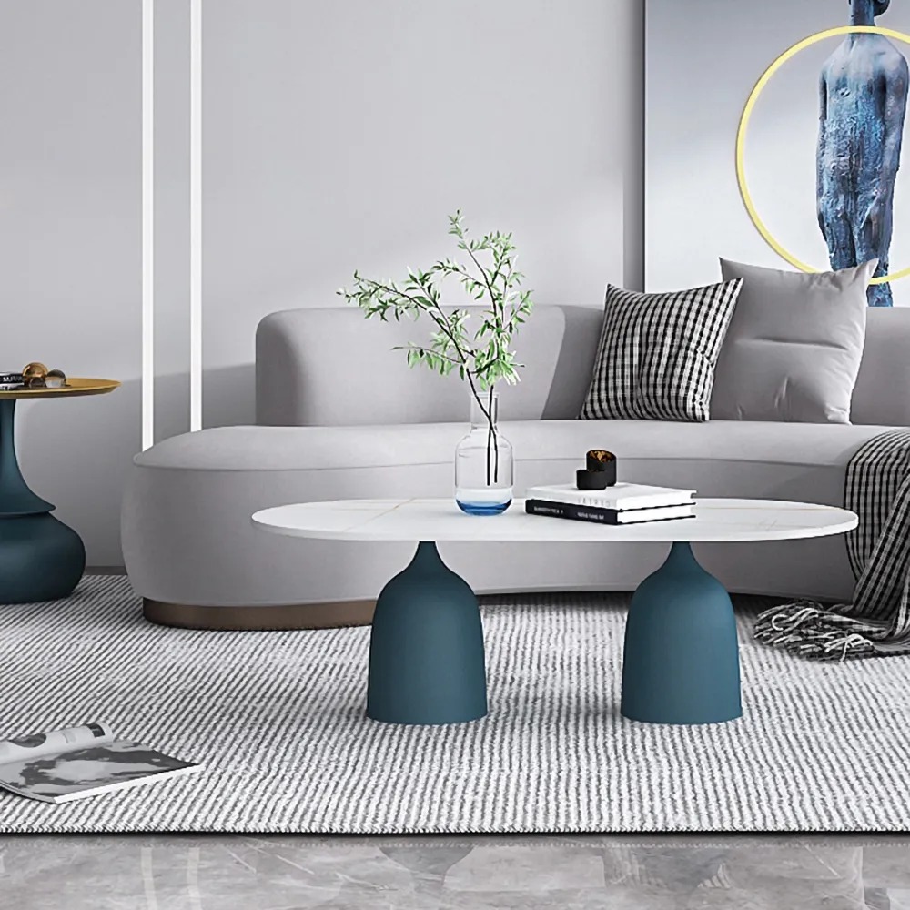 Modern Blue Oval Coffee Table with Marble Tabletop-Homary