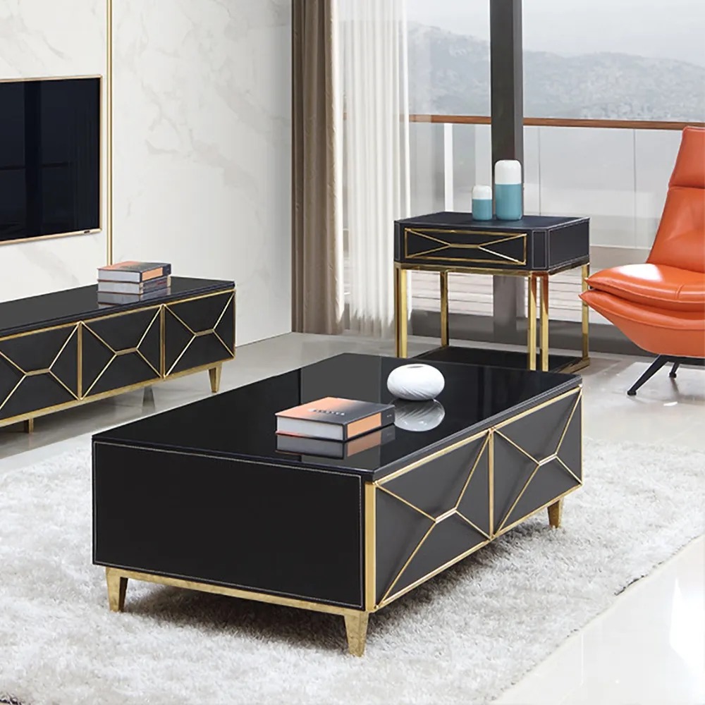 Black Modern Rectangular Coffee Table with Drawers Glass Top-Homary
