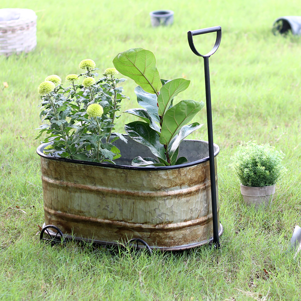 Retro Garden Cart Handcart Flowerpot with Handle&Casters-Homary