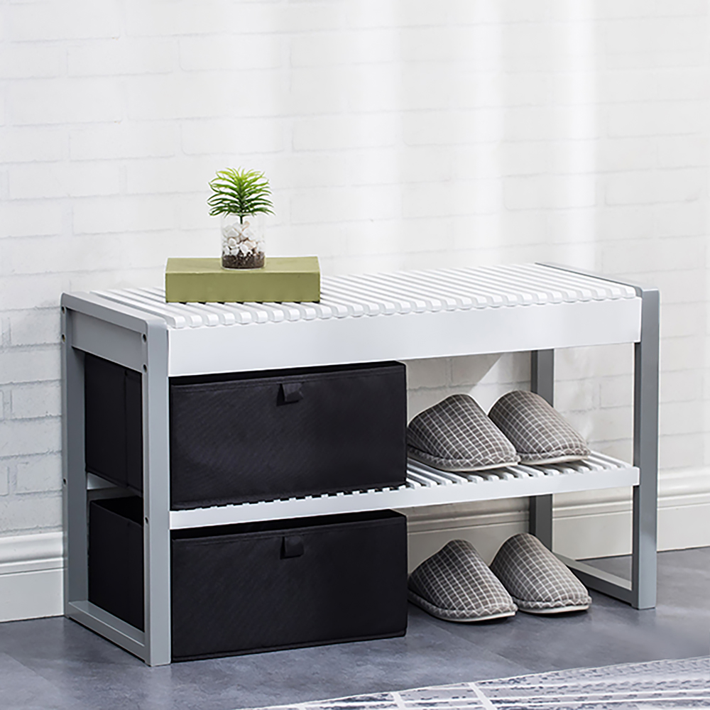 White Modern Bamboo Storage Bench with 2 Bins 31.5''-Homary