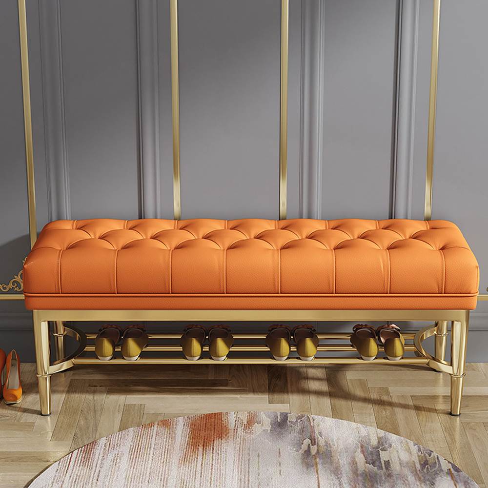 Orange Button Tufted Bench with Shelf Shoe Storage Faux Leather ...