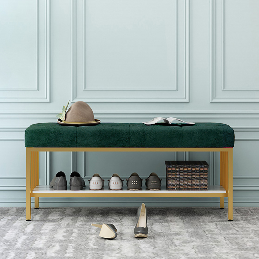 Green Storage Entryway Bench Upholstered Velvet Modern Bench With Shelf