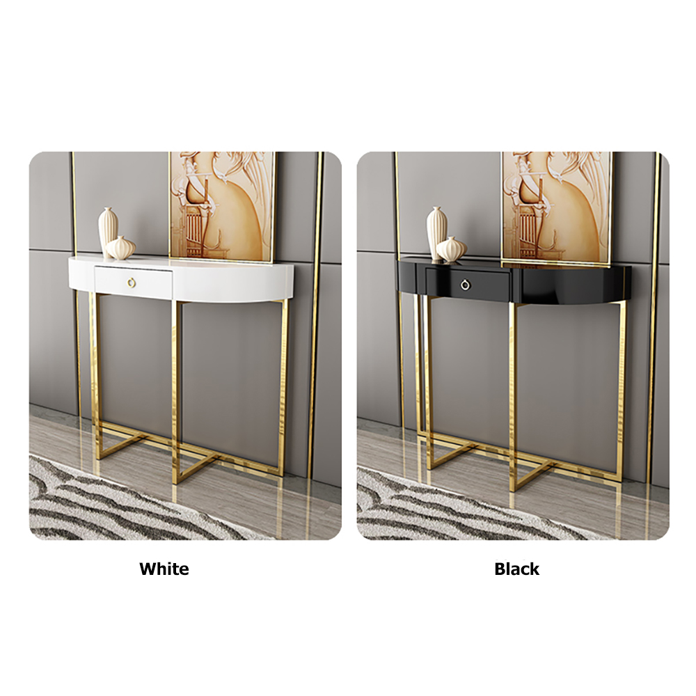 White Small Demilune Console Table with Storage 1 Drawer Gold Hardware ...