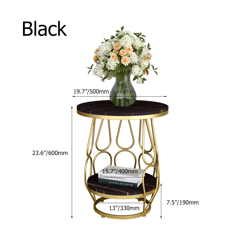 Modern Round Black Side Table with Stone Top & Metal Base