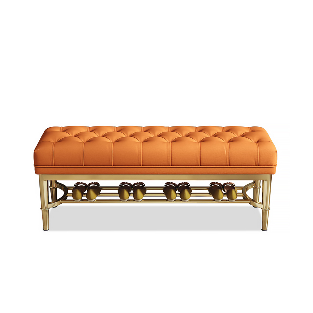 Orange Button Tufted Bench with Shelf Shoe Storage Faux Leather ...