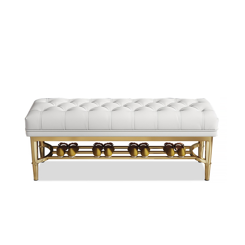 White Button Tufted Bench with Shelf Shoe Storage Faux Leather ...
