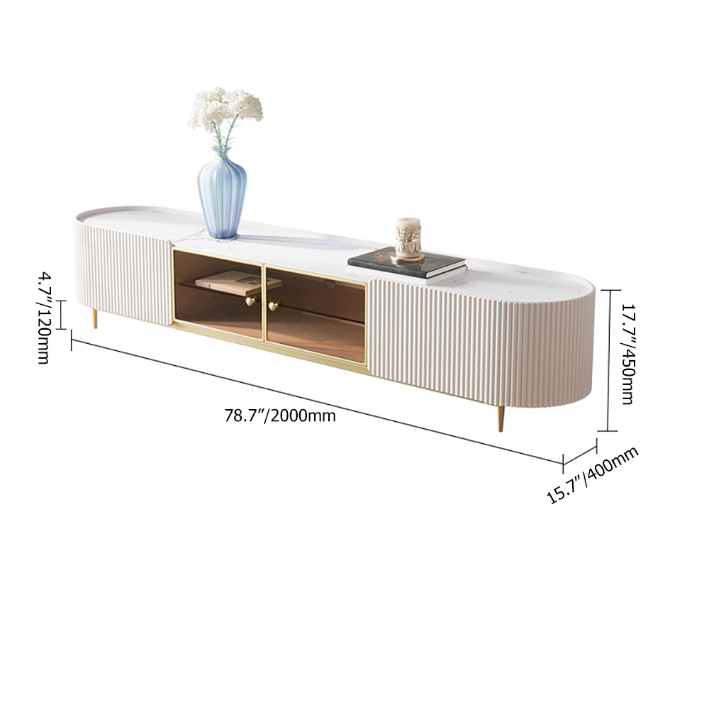 Modern Oval TV Console with Storage & Glass Doors in White-Homary