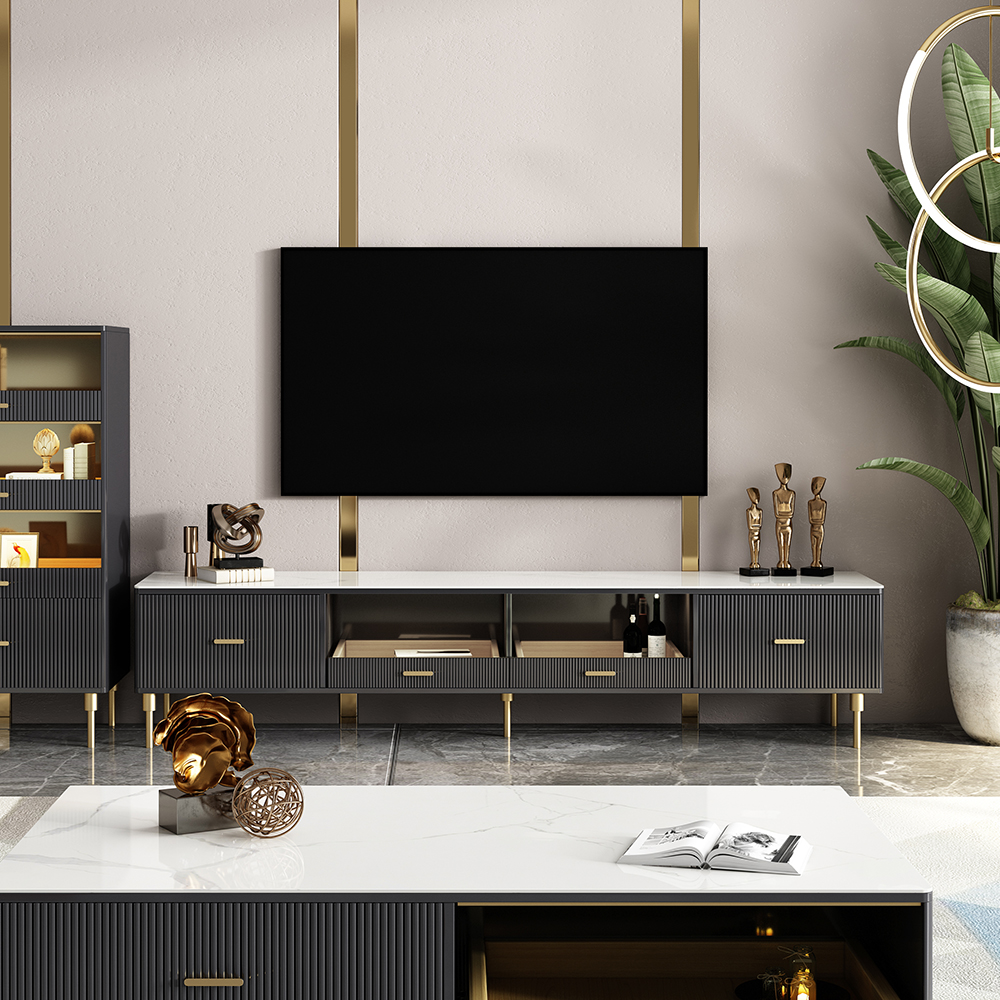 Rectangular Stone Top TV Console with Storage in Black-Homary