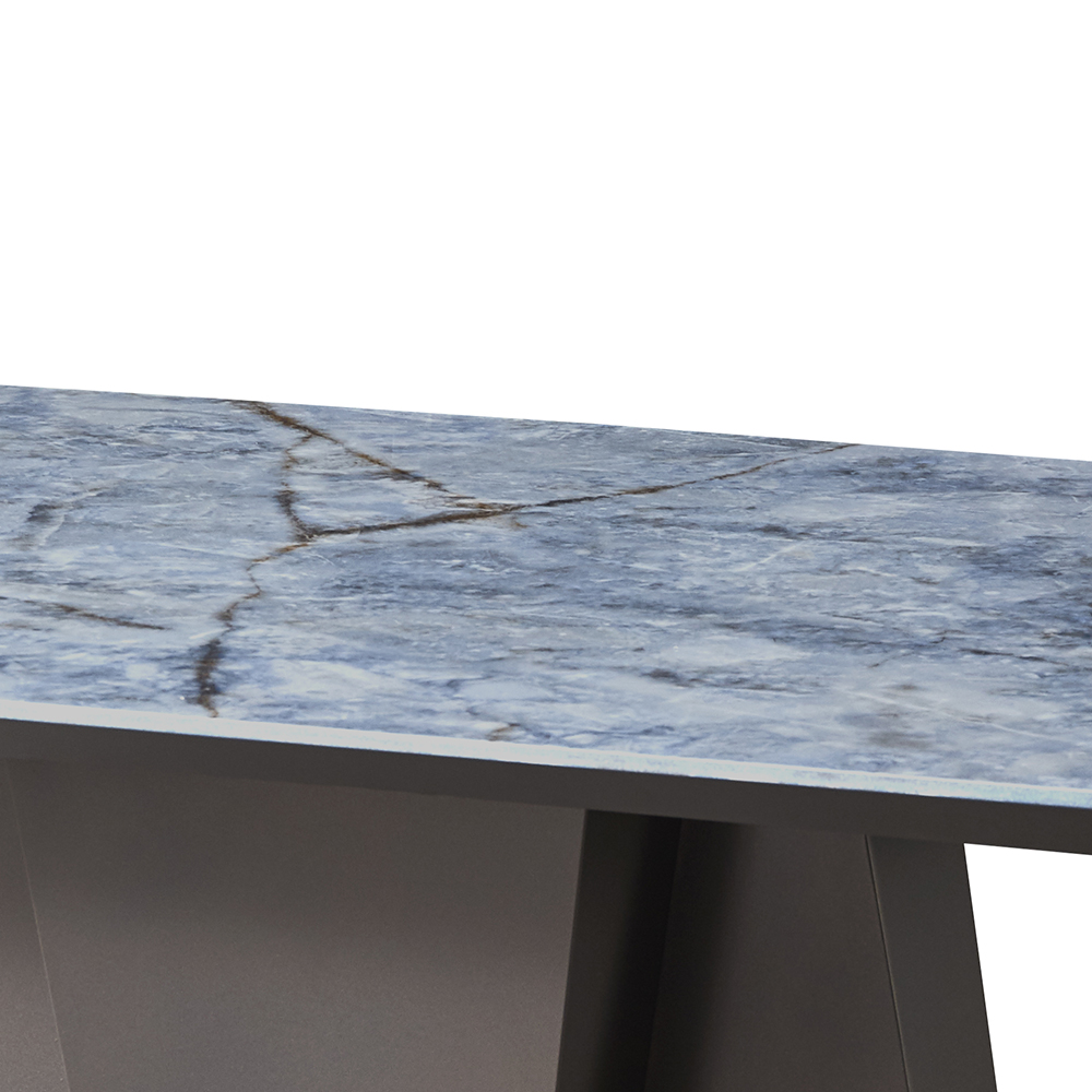 Retro Blue & Bronze Stone Top Dining Table with Pedestal Base