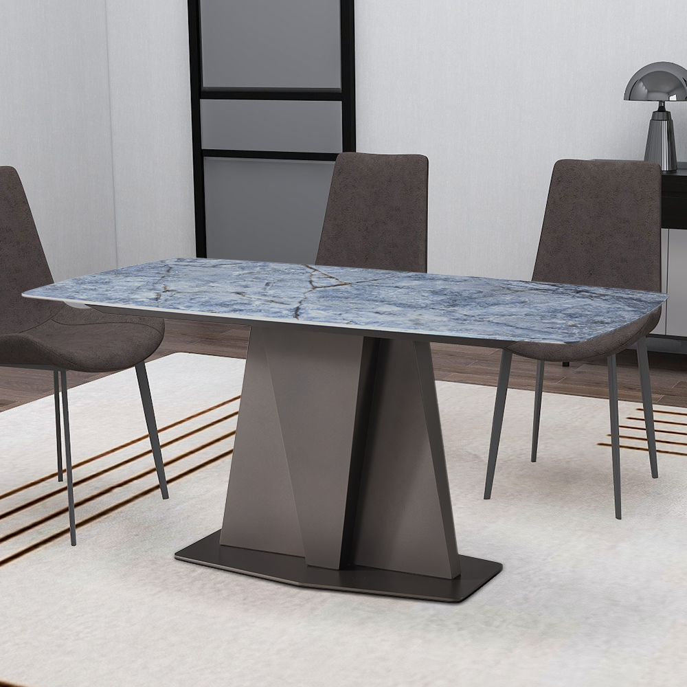 Retro Blue & Bronze Stone Top Dining Table with Pedestal Base
