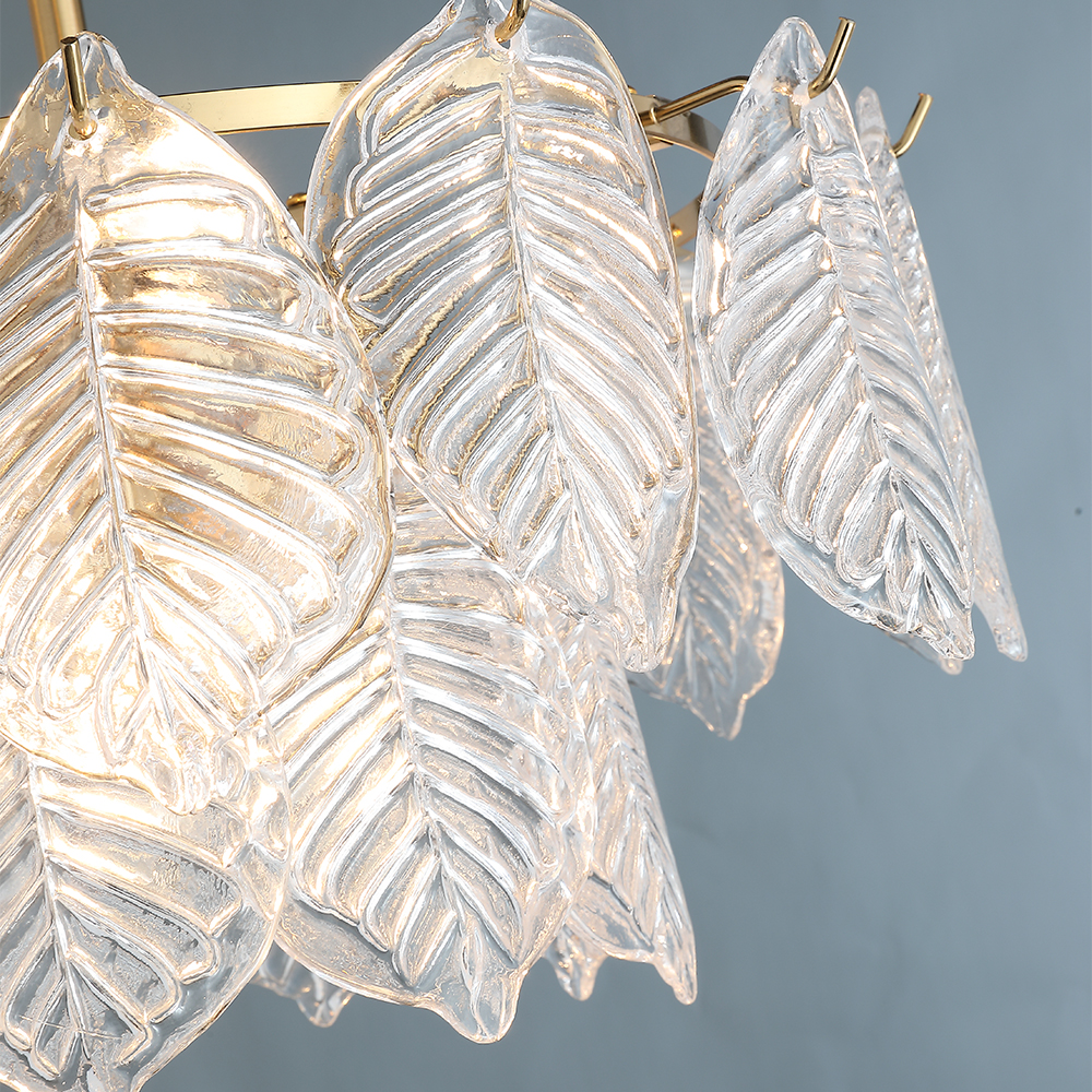 Contemporary Tiered 10-Light Glass Leaf Chandelier with Frame in Brass ...