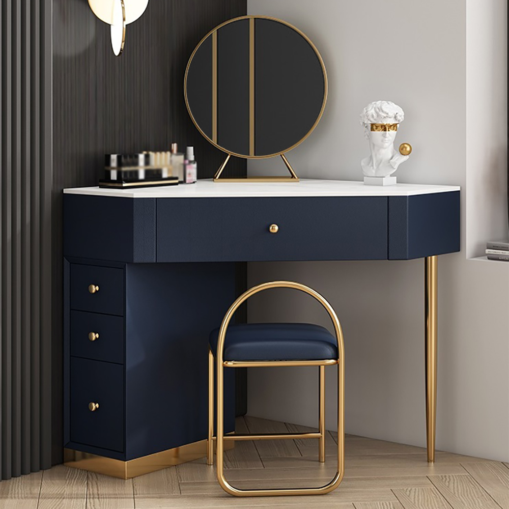 Corner Blue Modern Makeup Vanity Set with Drawers & Stool & Mirror-Homary