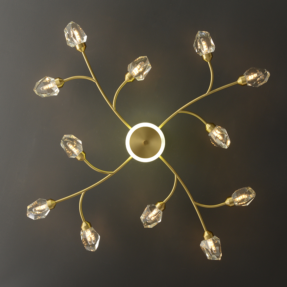 Brass 12-Light Sputnik Crystal Semi-Flush Mount Light for Living Room ...
