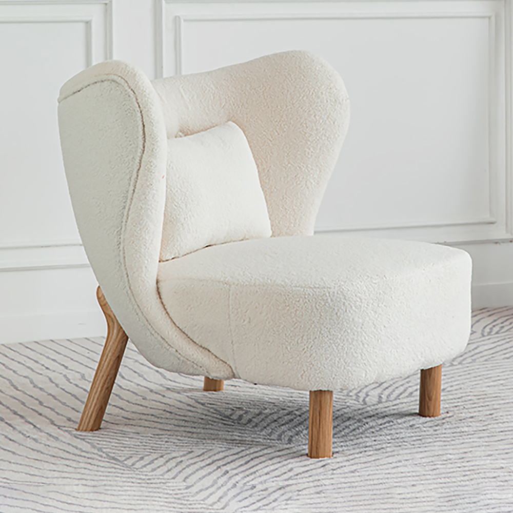 White Lamb Wool Accent Chair Wingback Chair in Wooden Frame-Homary