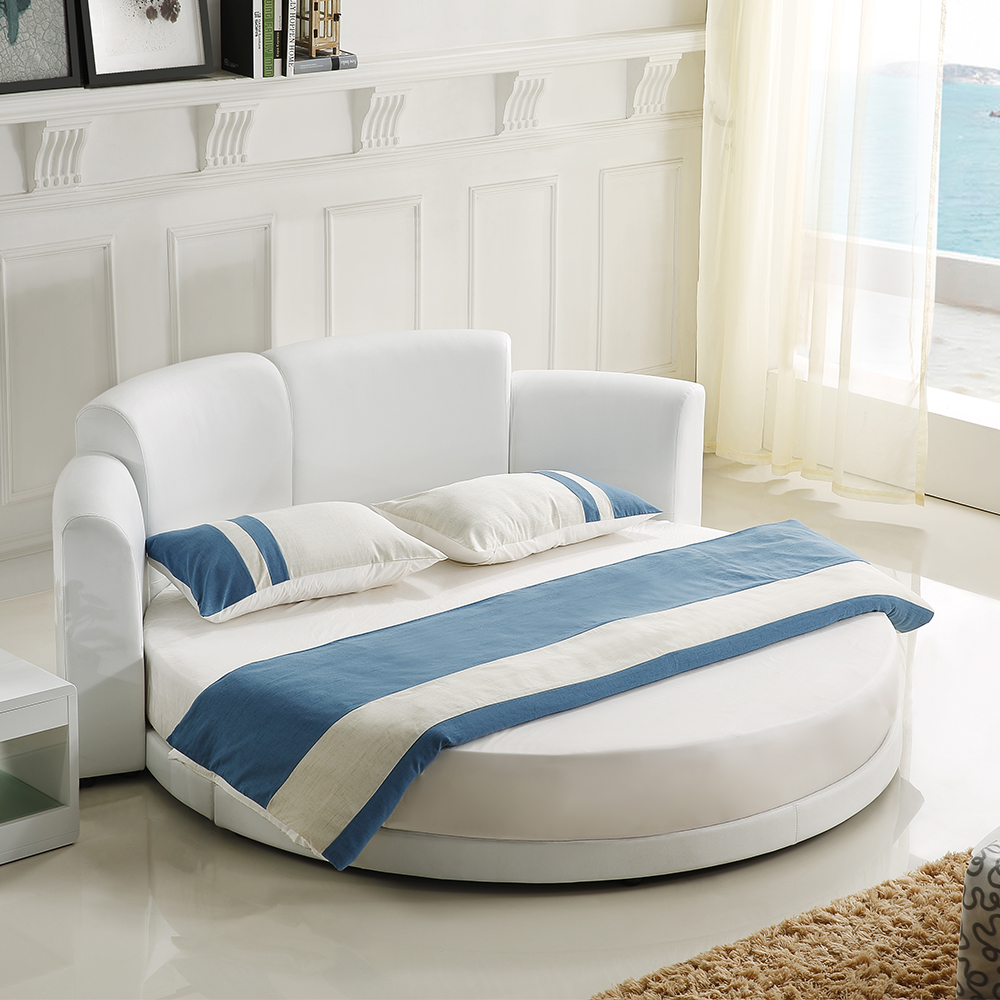 White Round Platform Bed Faux Leather Upholstered Bed with LED Light ...