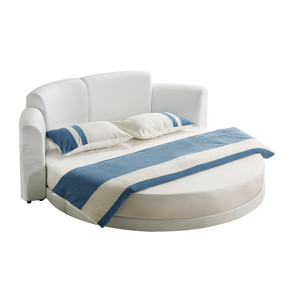 White Round Platform Bed Faux Leather Upholstered Bed with LED Light-Homary