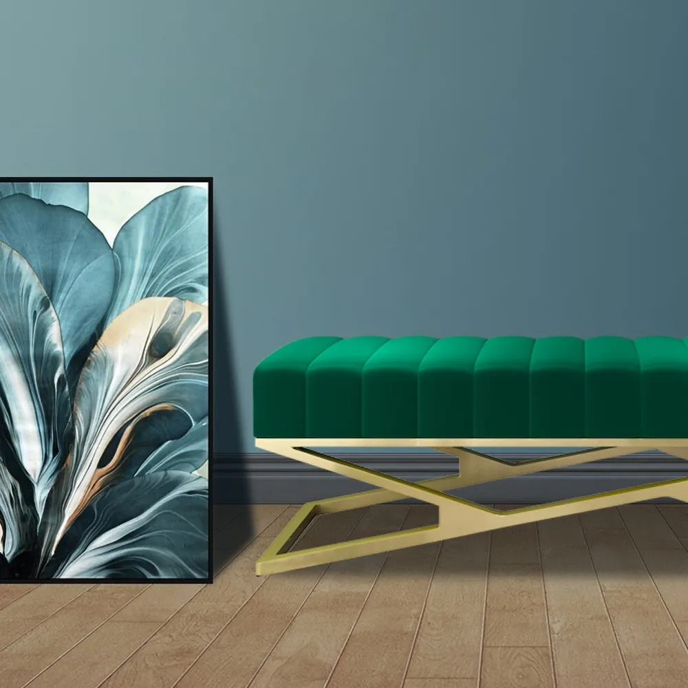 Modern Entryway Bench Green Velvet Upholstered Ottoman Bench in Gold-Homary