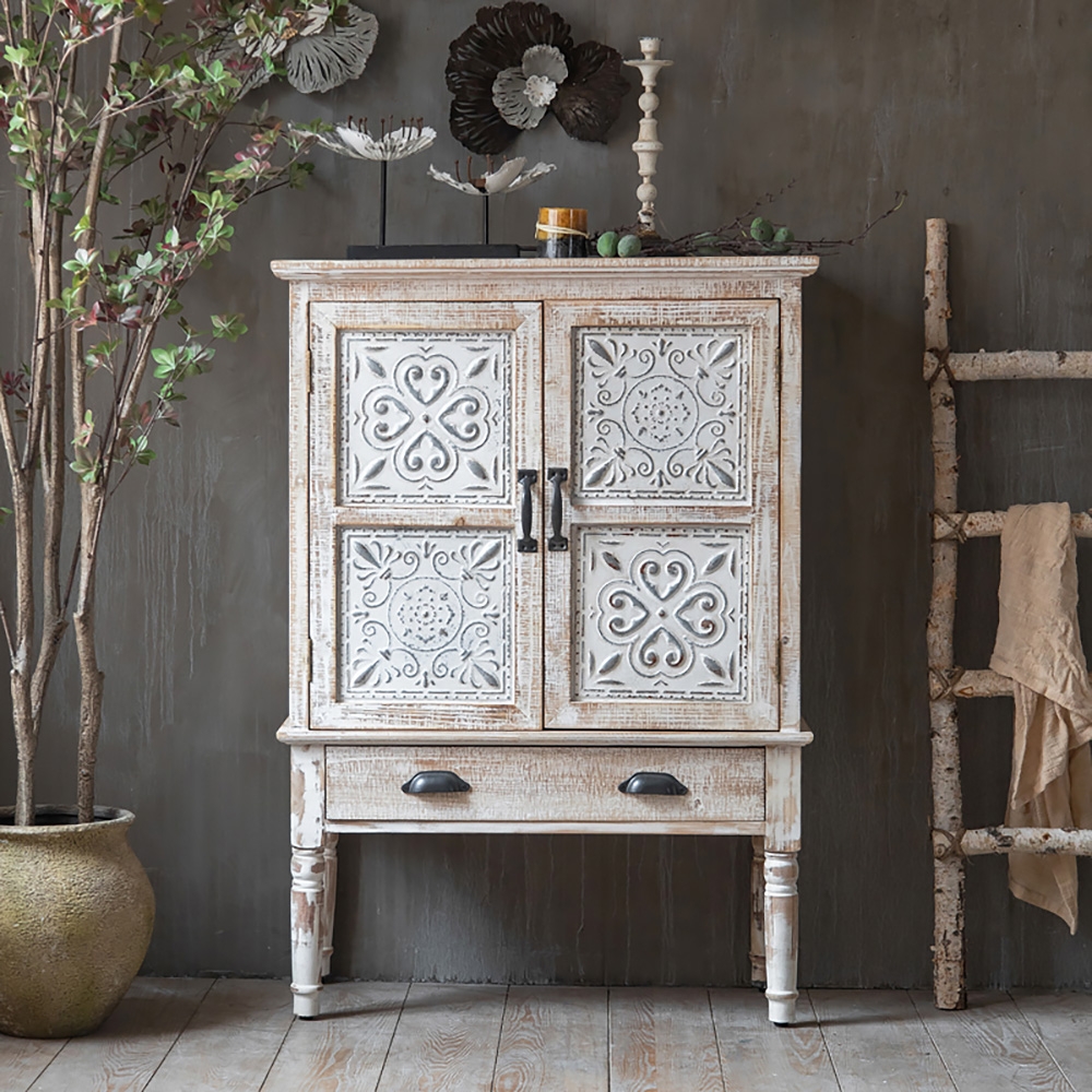 Distressed White Buffet Table with Storage 2 Doors & 1 Door-Homary