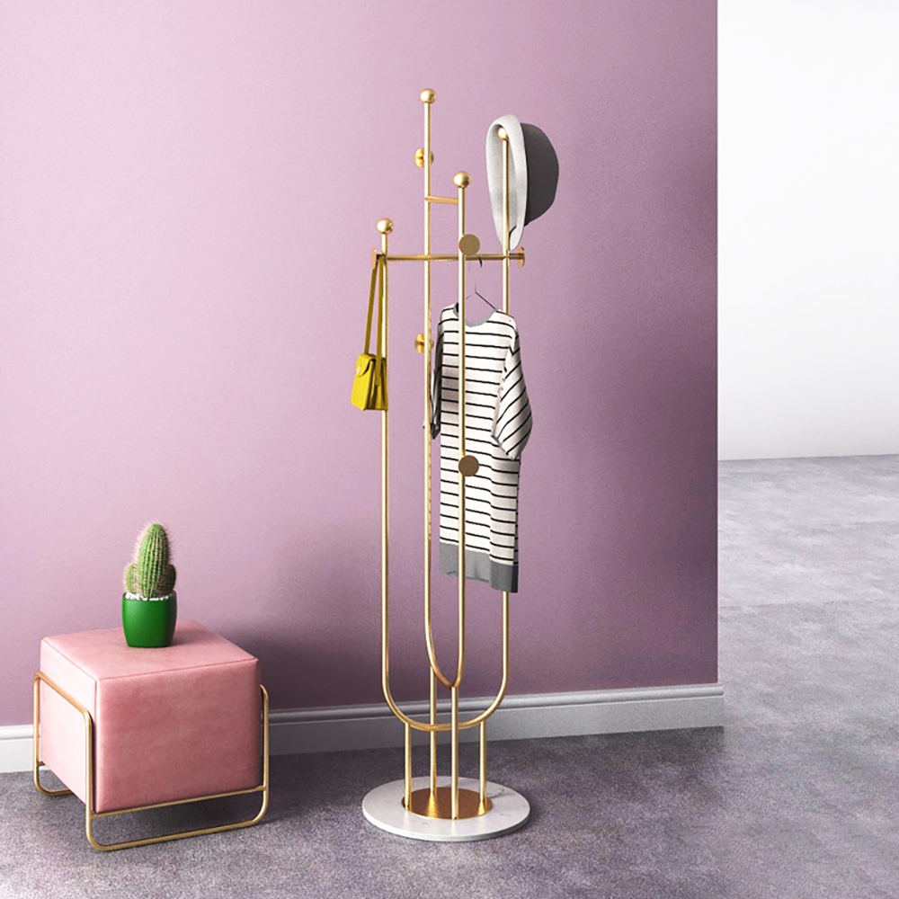 67" Simple Gold Clothing Rack with Hanging and Hook Faux Marble-Homary