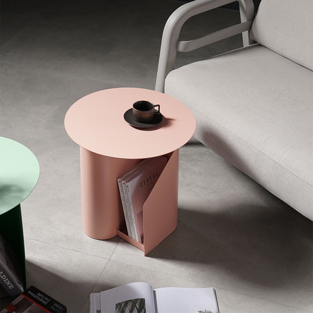 Pink Metal End Table Round Side Table with Storage-Homary